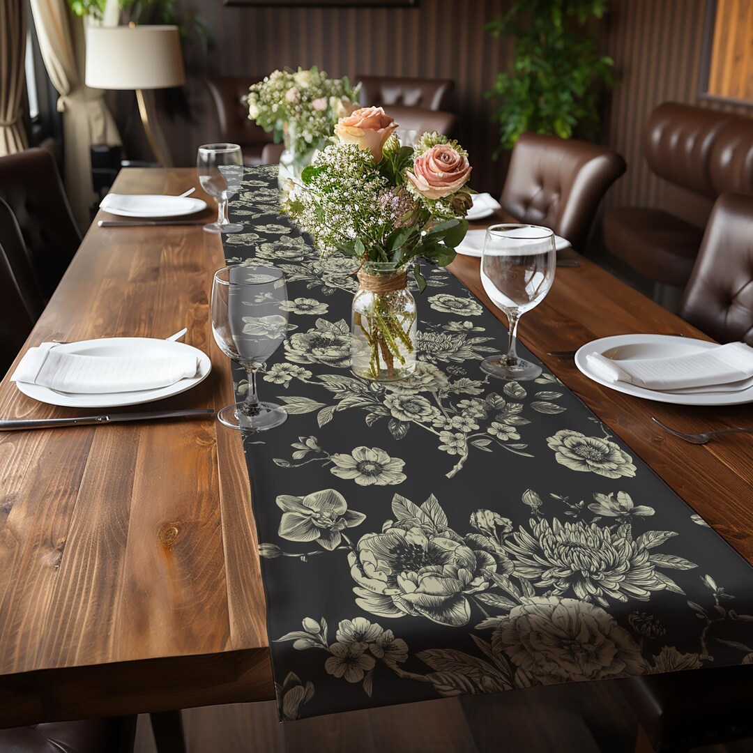 French Toile Table Runner, Black & Cream Floral Bouquet - Etsy