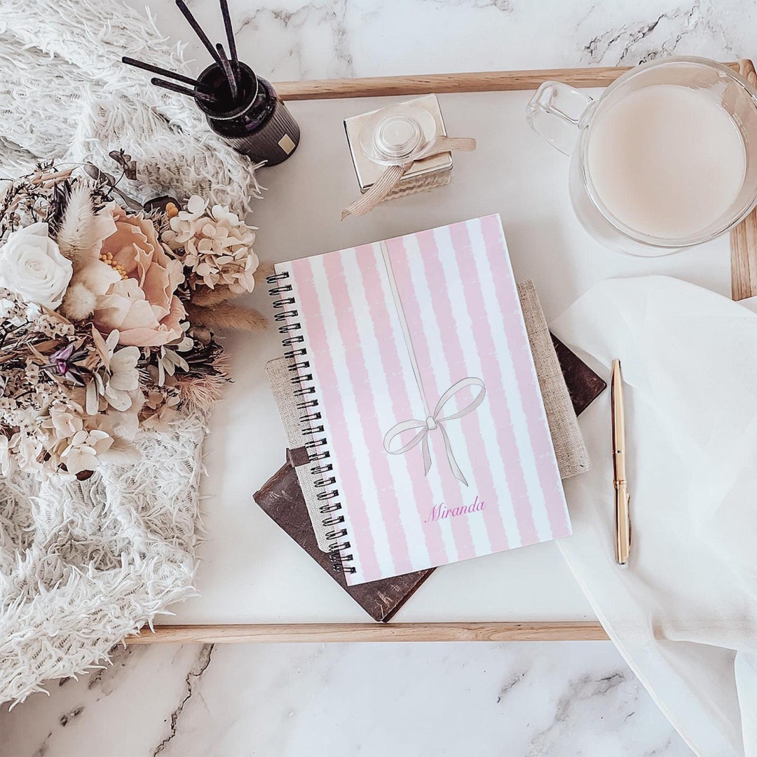 Coquette Spiral Notebook: Chic Pink Stripes, Custom Monogram - Etsy