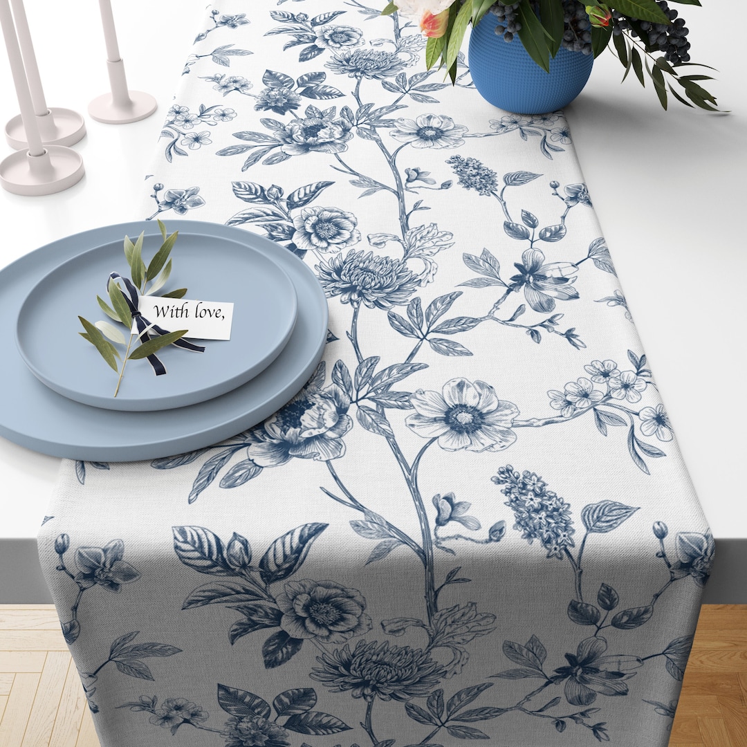 French Country Table Runner Blue Toile Table Decor Bridal Shower Table ...
