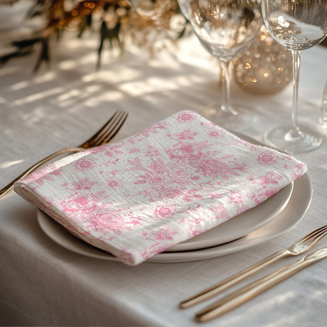 Pink French Country Napkins Pink Floral Toile Napkins Vintage Floral ...
