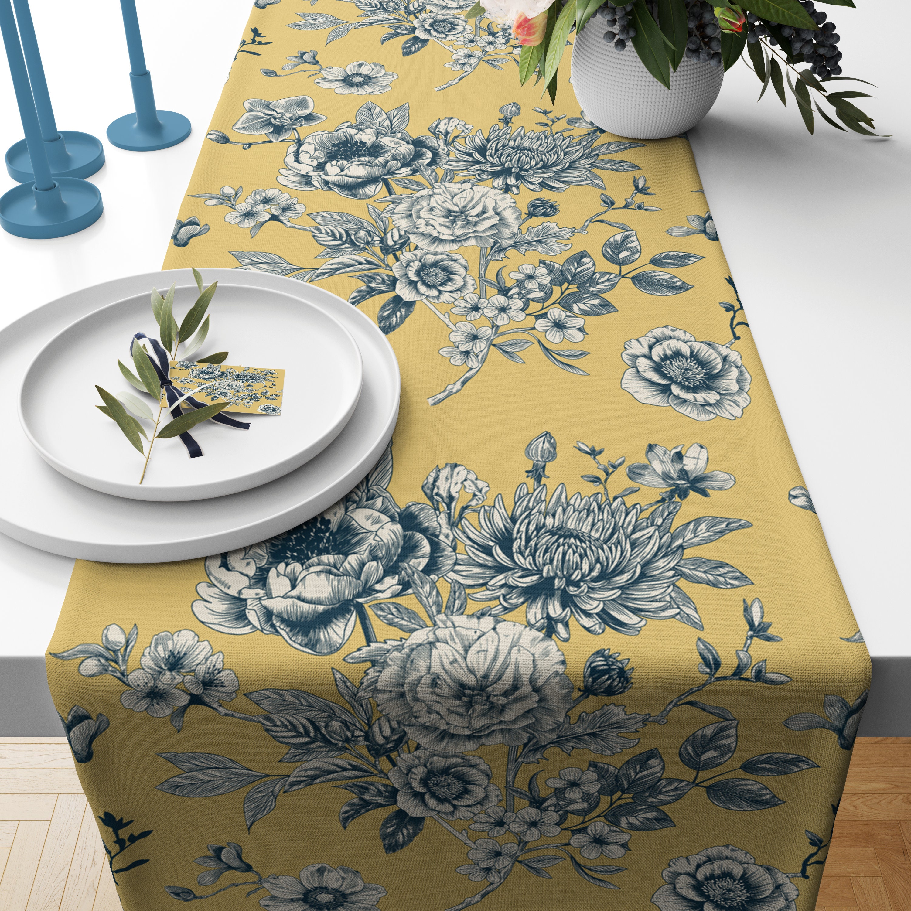 French Toile Table Runner: Yellow Floral Country Decor - Etsy
