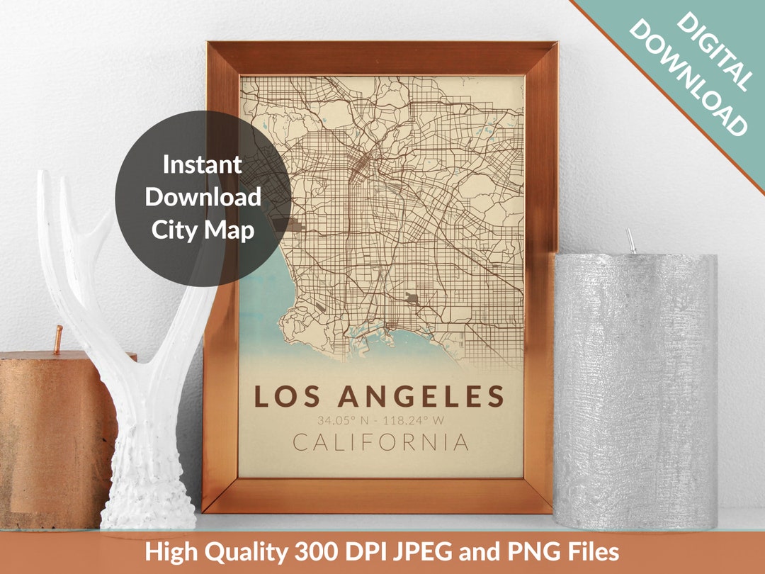 Los Angeles California City Map. Printable Town Map Wall - Etsy