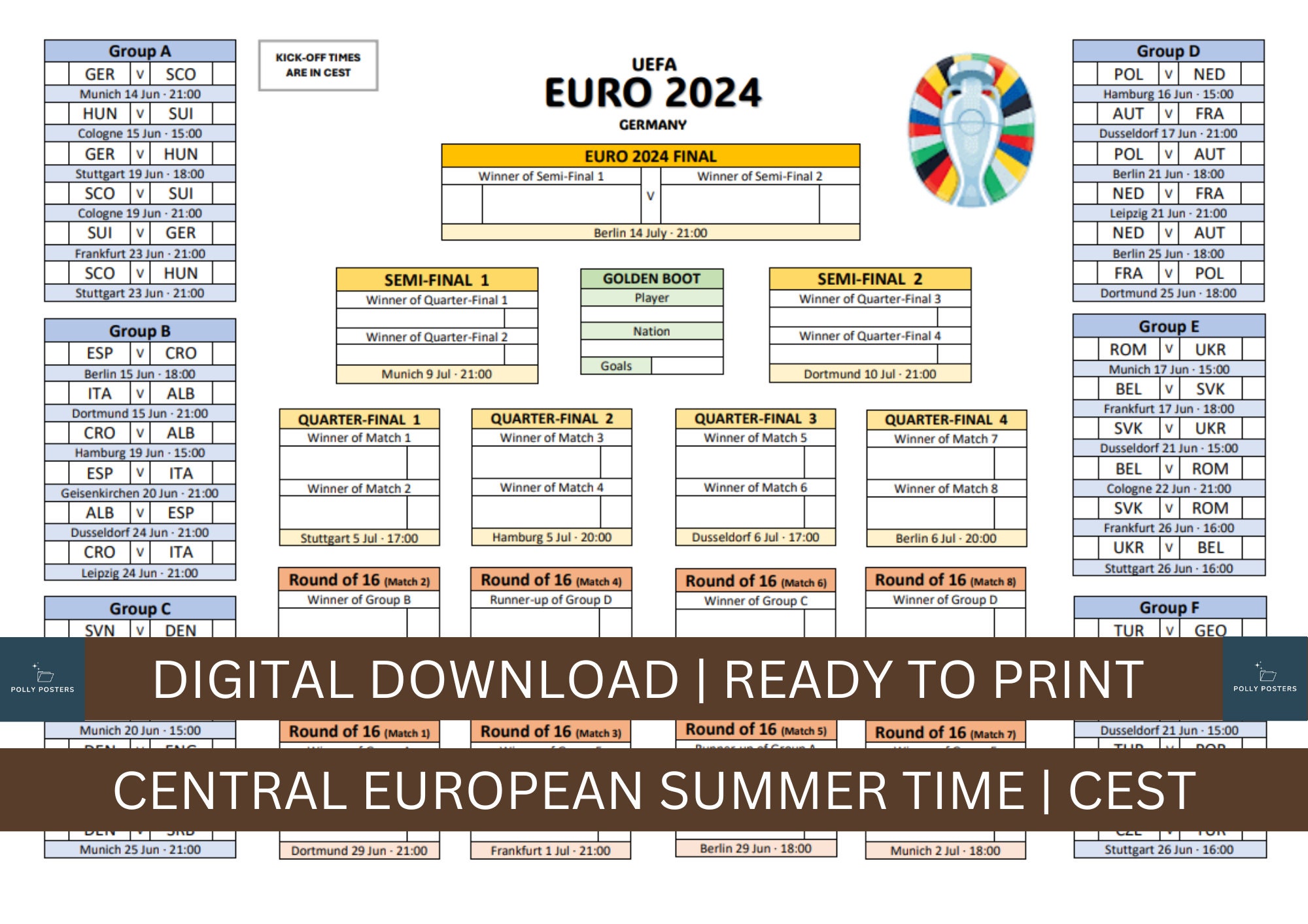 CEST UEFA Euro 2024 Wall Chart Poster Kick-off Schedule, Stadium, Time ...