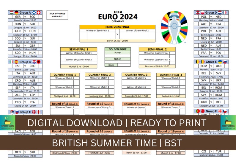 BST | UEFA Euro 2024 Wall Chart Poster | Kick-off Schedule, Stadium, Time and Date | Ready to ...