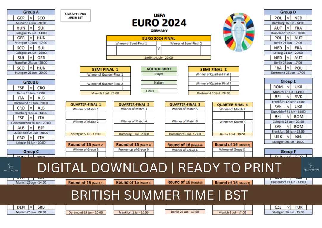 BST UEFA Euro 2024 Wall Chart Poster Including Kick-off Stadium, Time ...