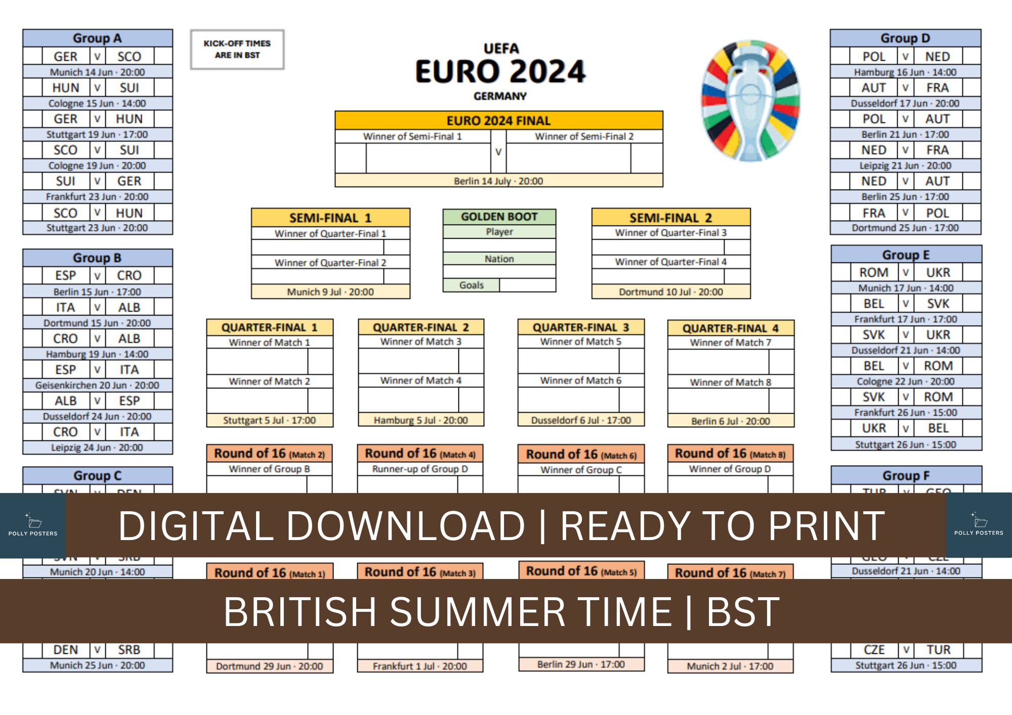 BST UEFA Euro 2024 Wall Chart Poster Including Kick-off Stadium, Time ...