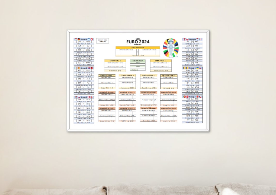 CEST | UEFA Euro 2024 Wall Chart Poster | Kick-off Schedule, Stadium ...