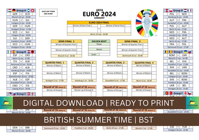 CEST | UEFA Euro 2024 Wall Chart Poster | Kick-off Schedule, Stadium, Time and Date | Ready to ...