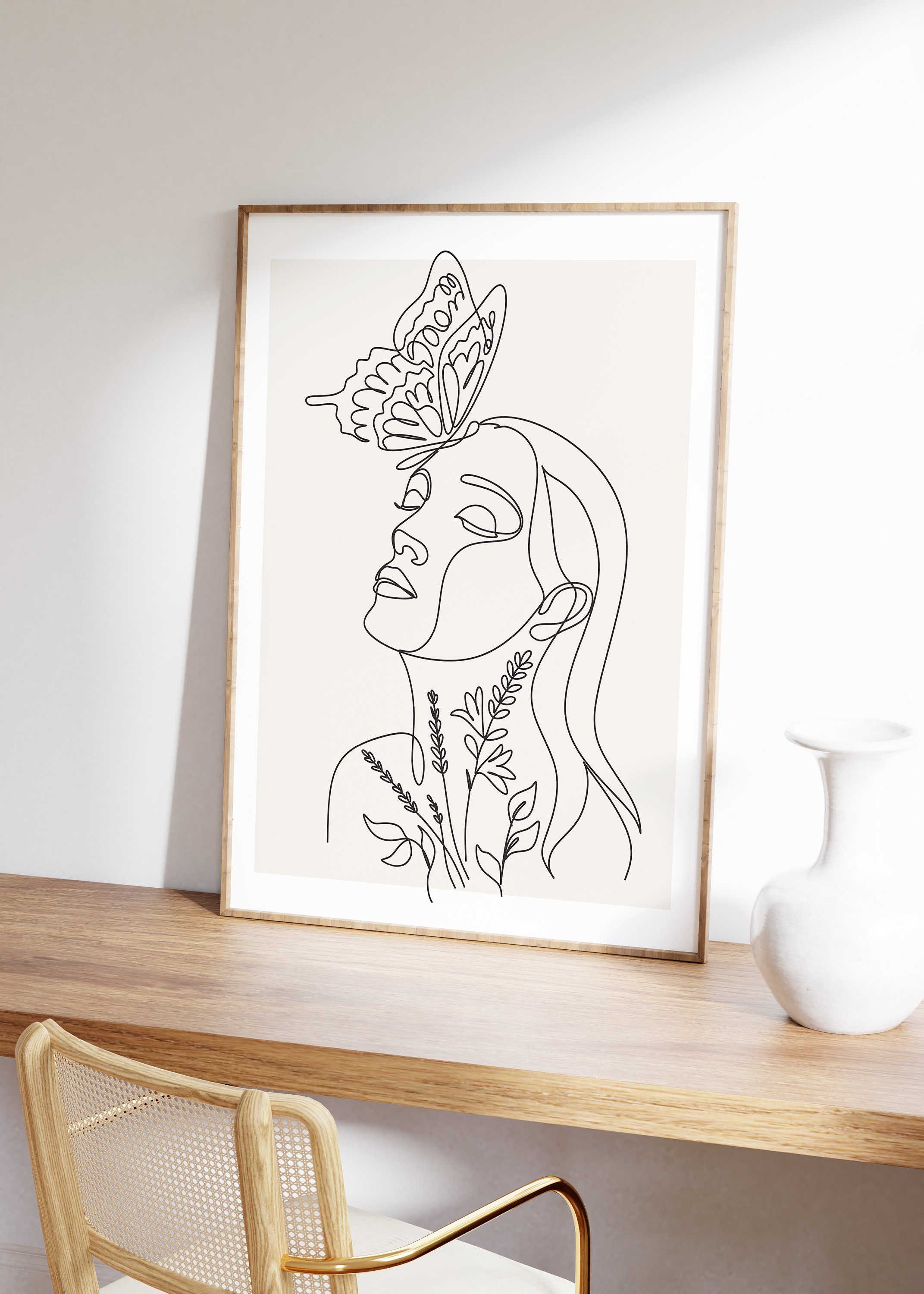 Woman + Butterfly Line Art Print | Botanical Print, Printable Wall Art ...