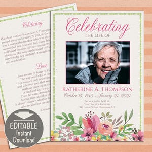 Funeral Program Template for Woman, Floral Celebration of Life ...