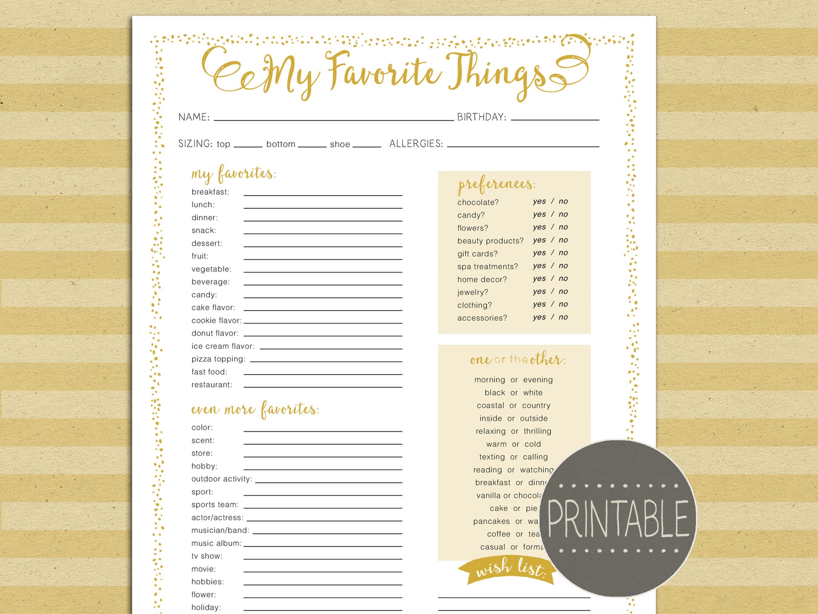 Whimsical Printable My Favorite Things List, Get to Know Me Survey, All ...