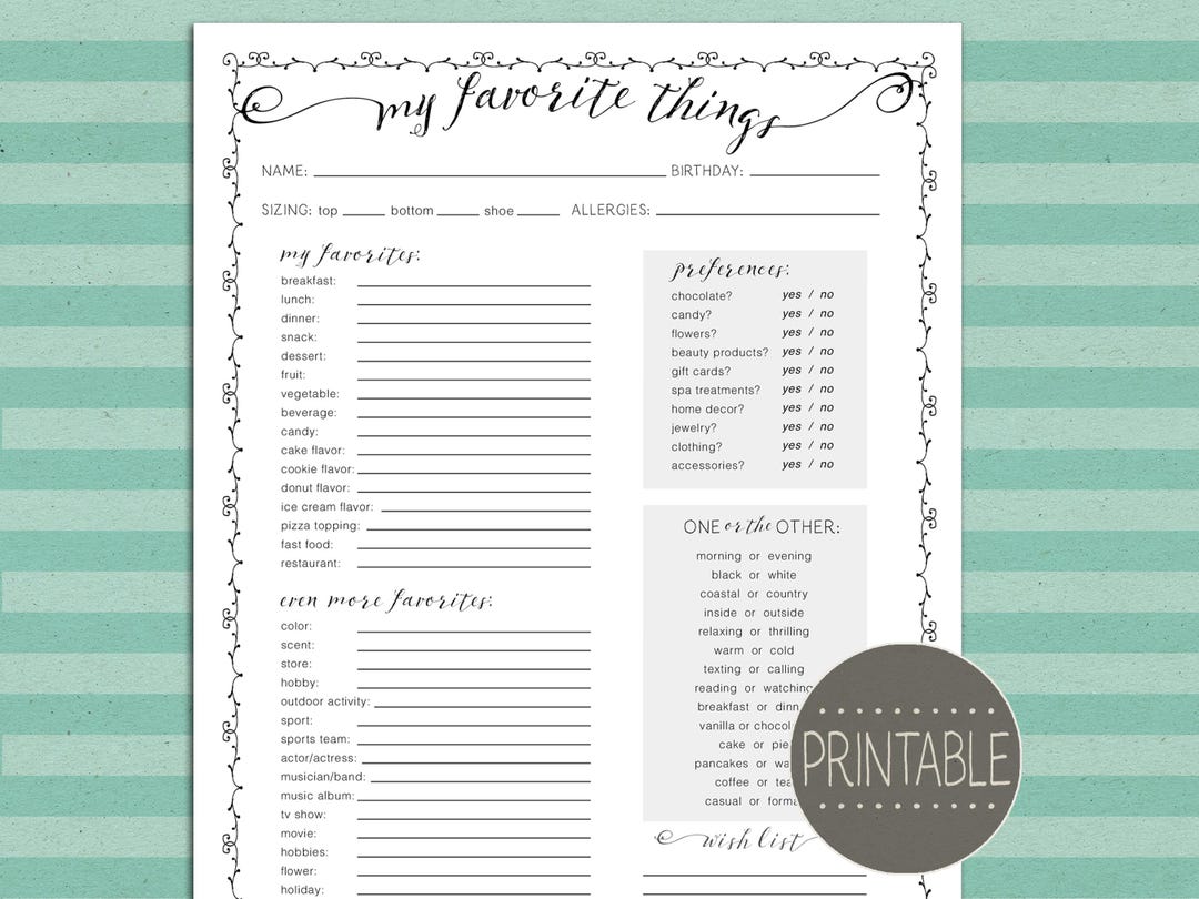 Elegant Printable My Favorite Things List, All About Me Survey, Print ...