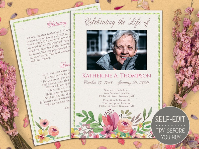 Funeral Program Template for Woman Floral Celebration of Life - Etsy