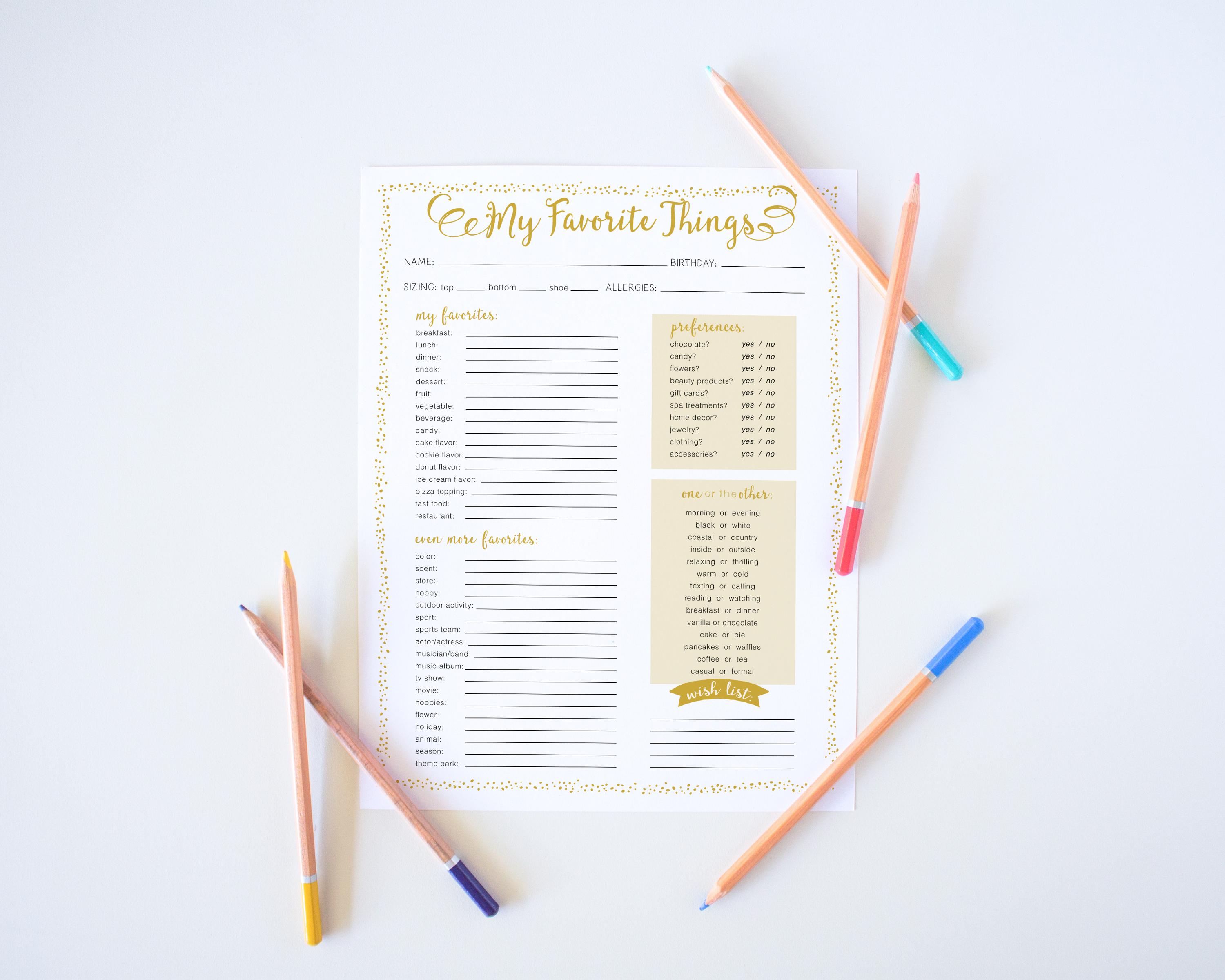 Whimsical Printable My Favorite Things List, Get to Know Me Survey, All ...