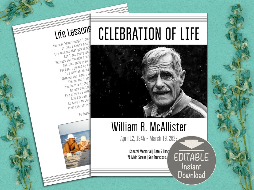 Celebration of Life Template for Man, Editable Funeral Program Template ...