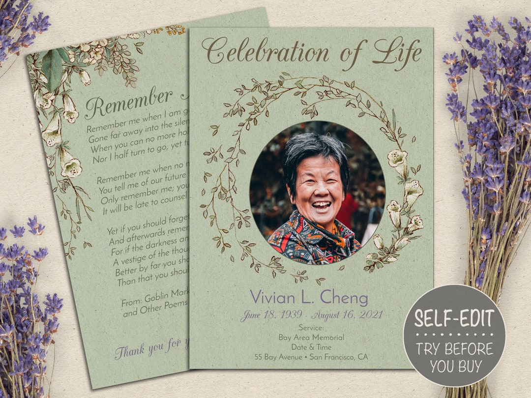 Floral Funeral Program Template for Woman, Vintage Celebration of Life ...