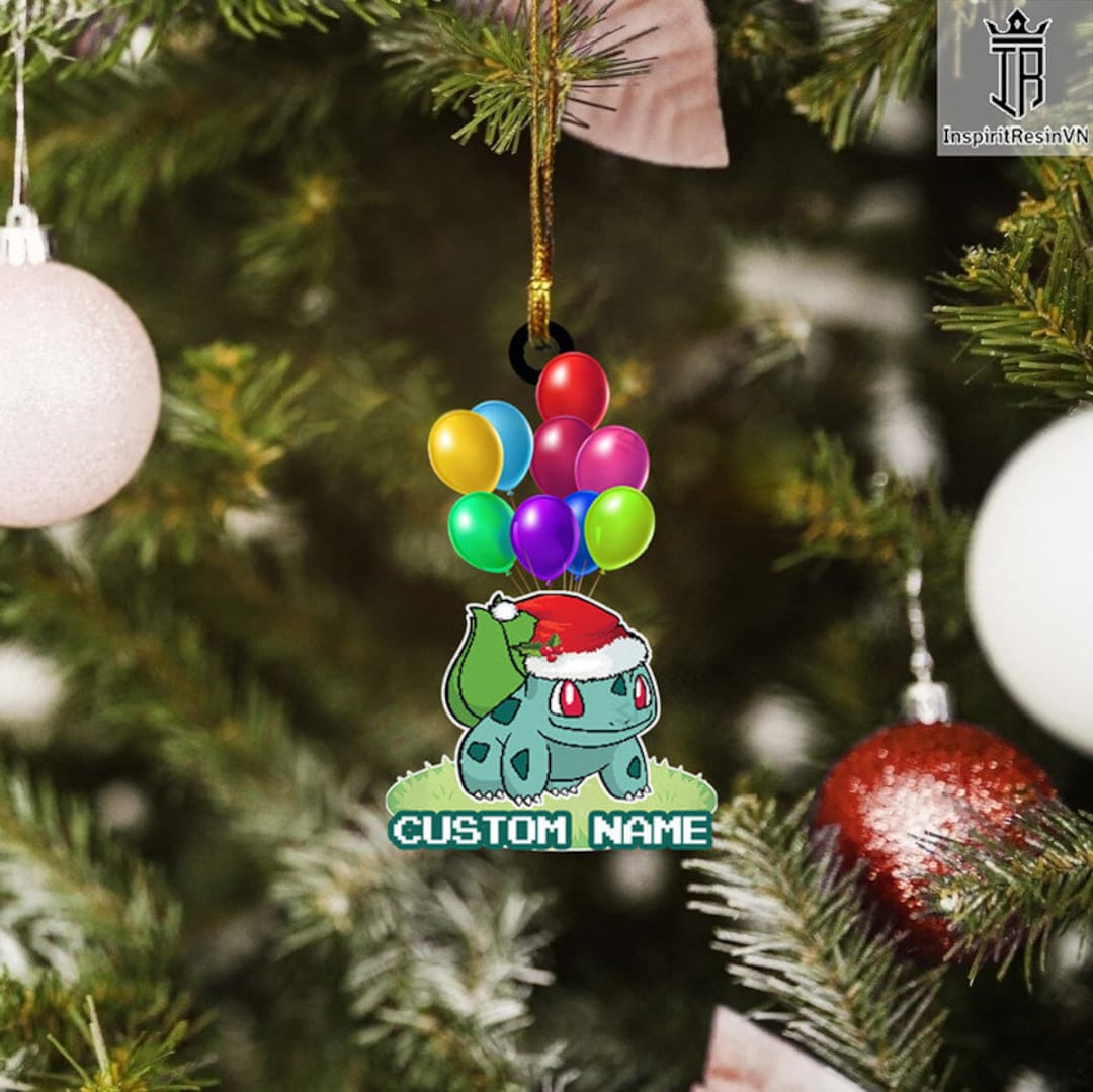 Bulbasaur Balloon Custom Name Christmas Ornament, Bulbasaur Santa Hat ...