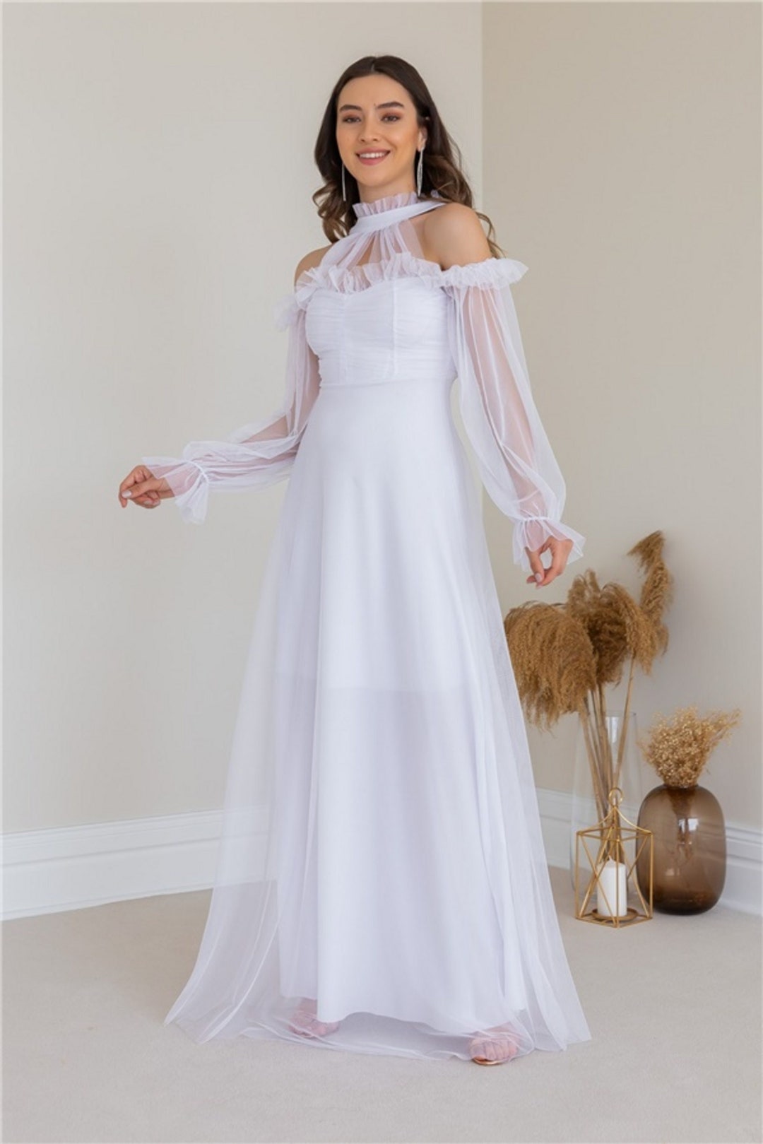 Tulle Wedding Dress Unique Half off Shoulder Gown Sheer Long - Etsy