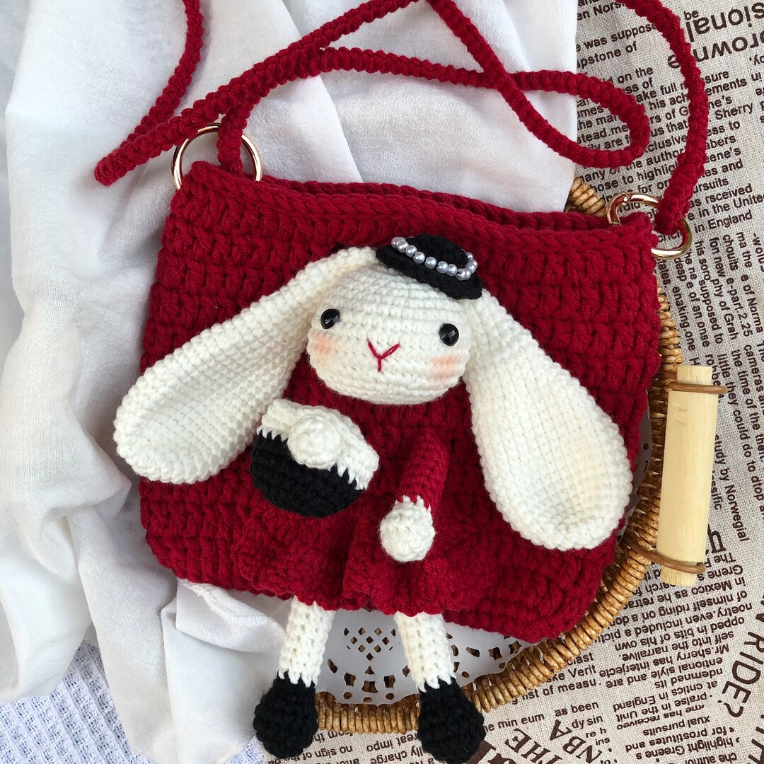Rabbit Cartoon Crochet Bag, Hand-woven String Messenger Bag, Knitted ...