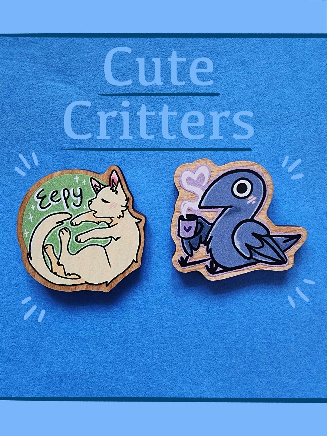 Cute Critter Wooden Pins (crow and Cat) - Etsy