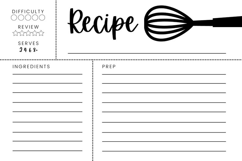 Printable Recipe Cards Black and White Whisk 6x4" Digital Download - Etsy