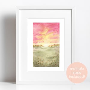 Watercolor Sunset Landscape Print | Pink Sky Art (digital Download) - Etsy
