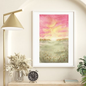 Watercolor Sunset Landscape Print | Pink Sky Art (digital Download) - Etsy