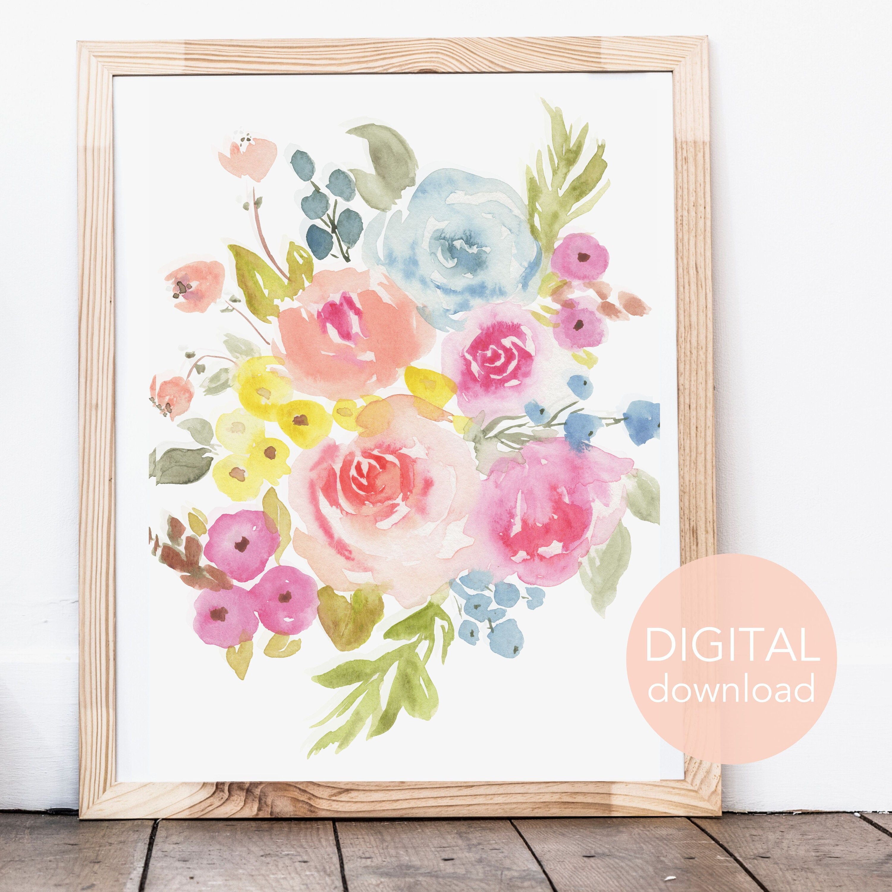 Wildflowers and Roses Watercolor Painting, Printable Wall Art, Floral ...