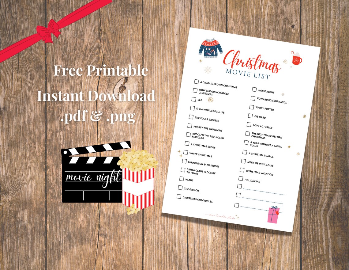Christmas Movie Checklist, Instant Download, Christmas Movie Printable ...