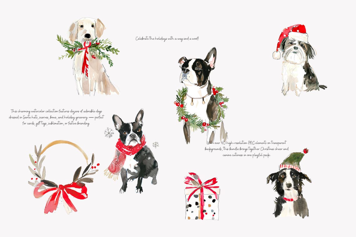 Watercolor Clipart - Christmas Dog Illustration - Holiday Art - Pet ...
