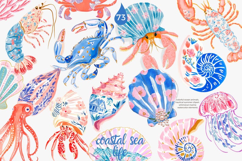 Preppy Coastal Clipart, Nautical Sea Animals Watercolor, Colorful ...
