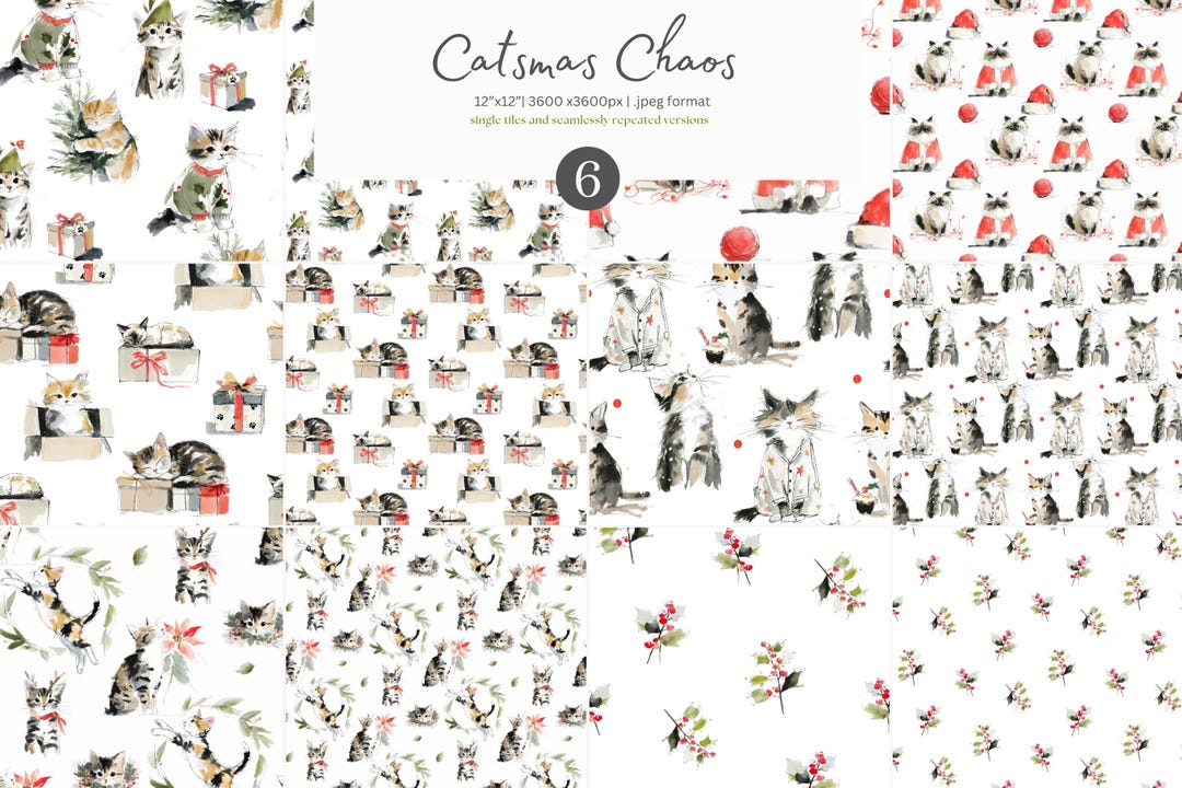 Watercolor Christmas Cat Seamless Patterns, Festive Kitten Wrapping ...