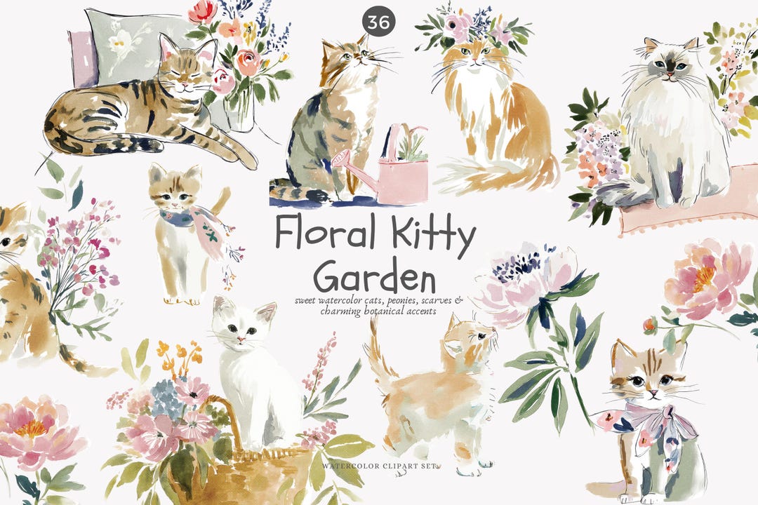 Watercolor Cats Clipart Set With Floral Kittens, Botanical Accents ...