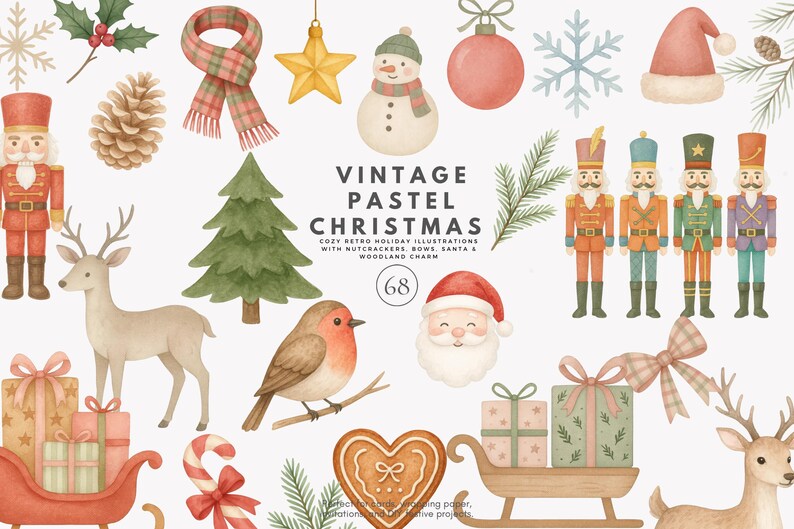 Vintage Pastel Christmas Clipart Set With Nutcracker, Santa, Reindeer ...