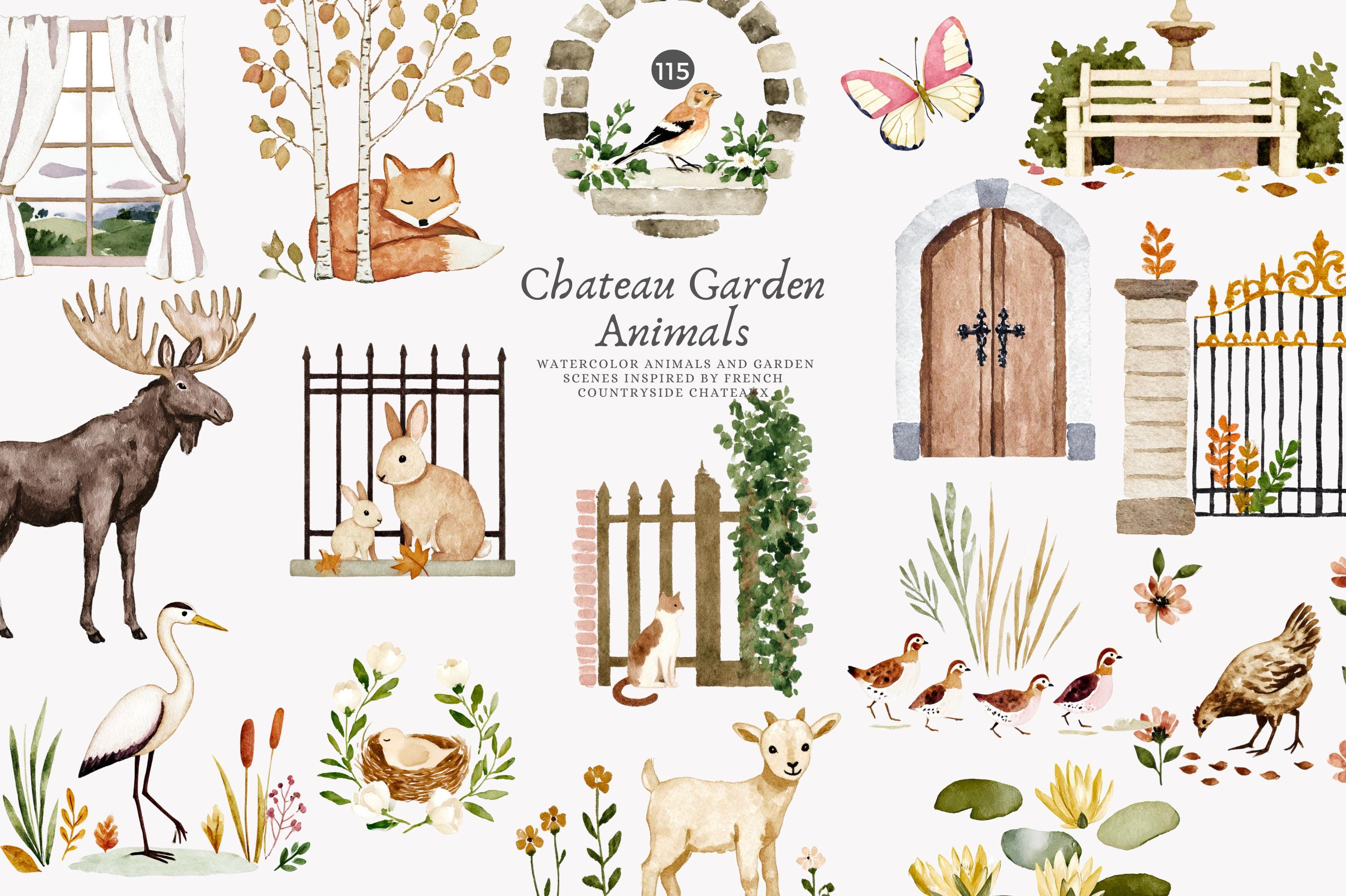 Watercolor Animals - Garden Illustration - Cottagecore Clipart - French ...
