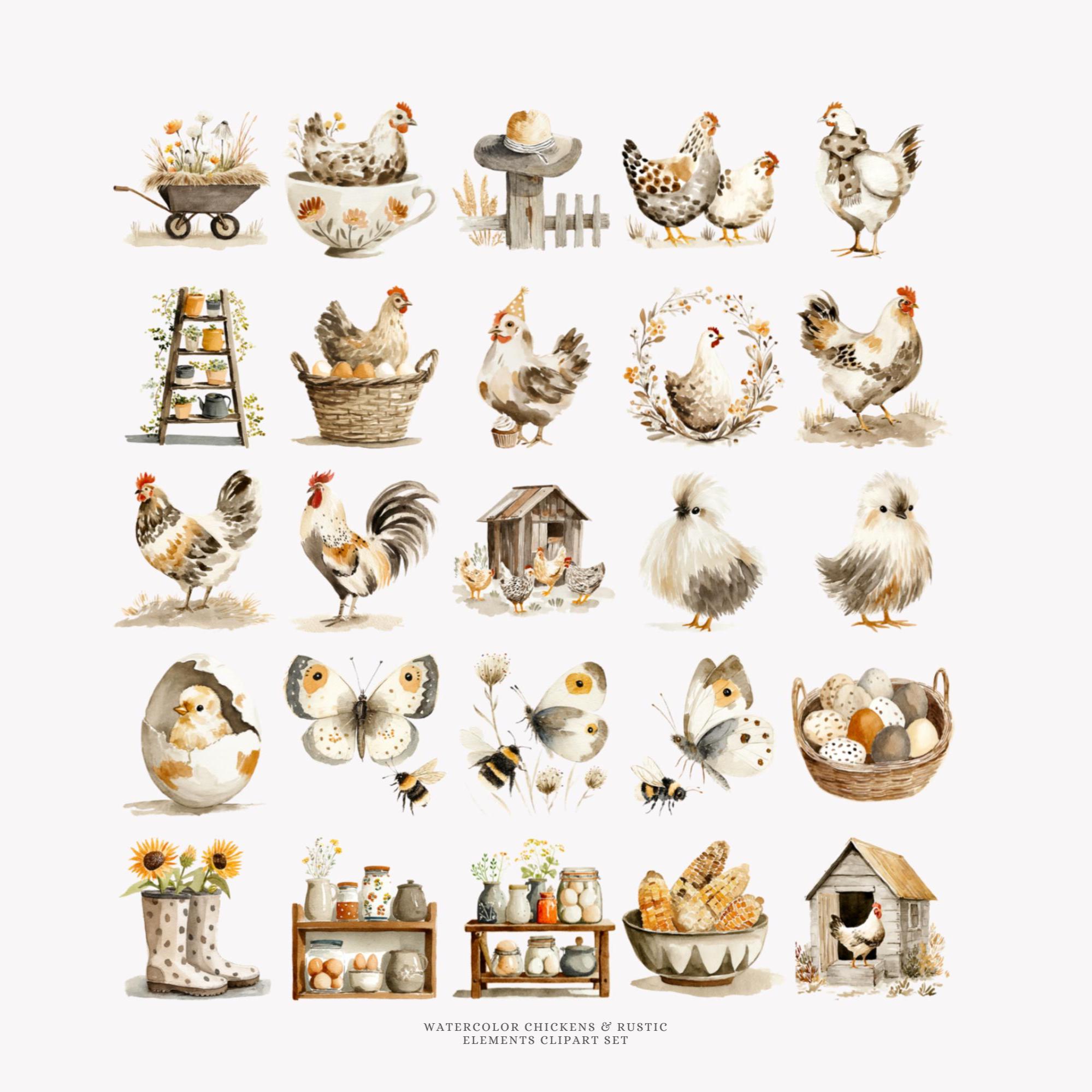 Watercolor Clipart - Farm Animals - Country Chickens - Rustic Hens ...