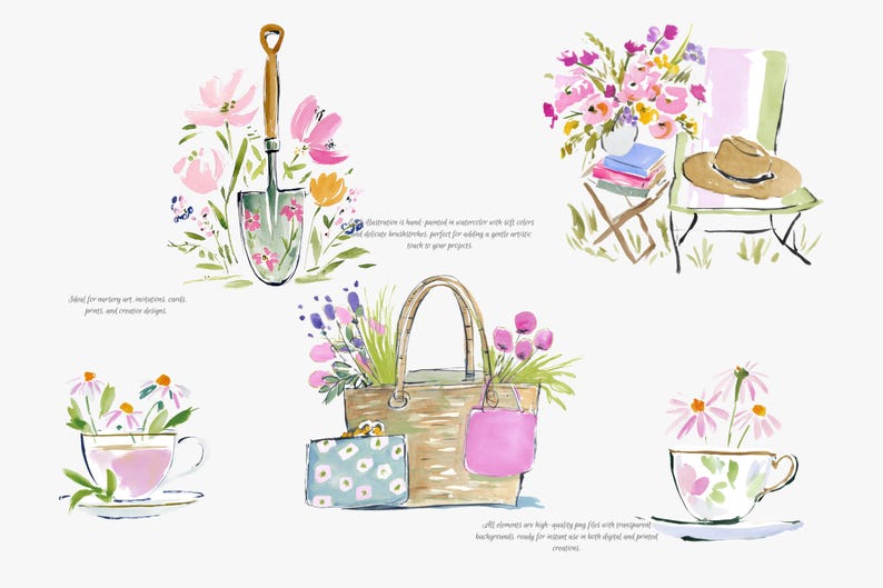 Spring Bloom Watercolor Clipart Set, Floral Basket Clipart, Pastel ...
