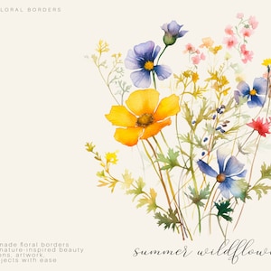 Watercolor Floral Borders Summer Flowers Clipart Meadow - Etsy