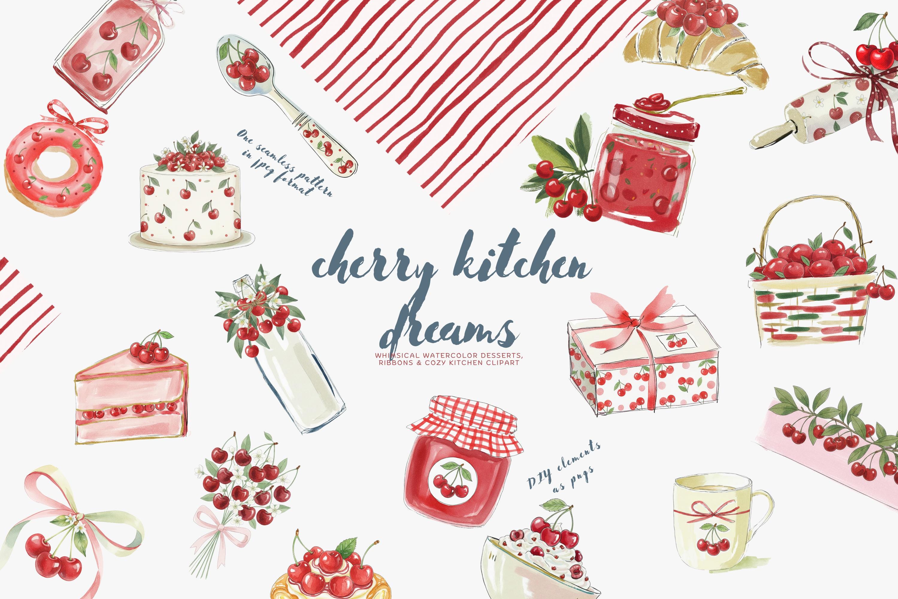 Cherry Watercolor Clipart, Cherry Clipart Set, Cottagecore Kitchen ...