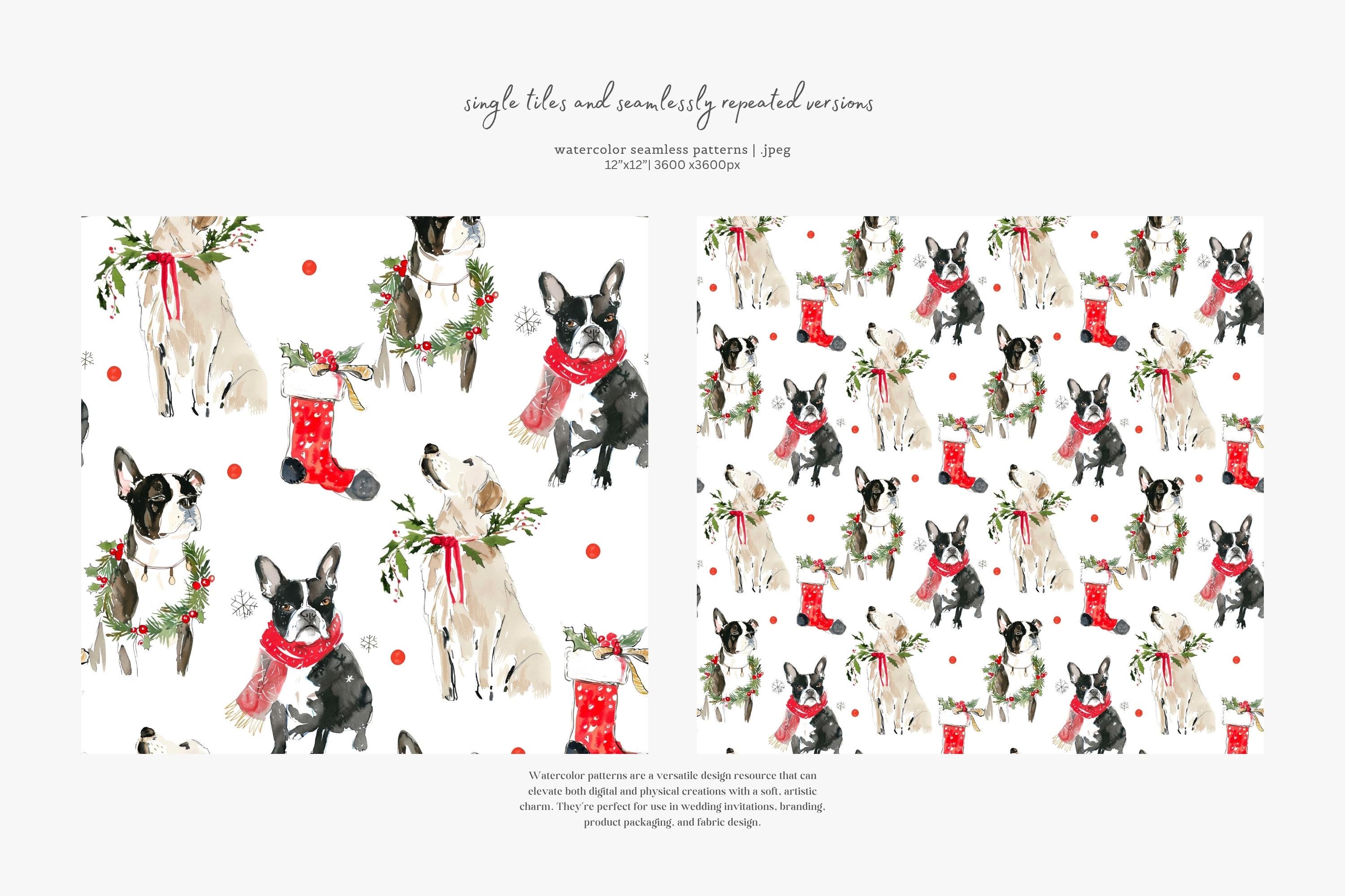 Watercolor Christmas Dog Seamless Patterns, Holiday Puppy Wrapping ...