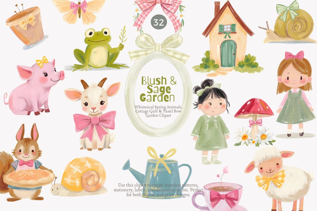 Blush Sage Spring Clipart Bundle, Cottagecore Baby Animals Png, Pastel ...