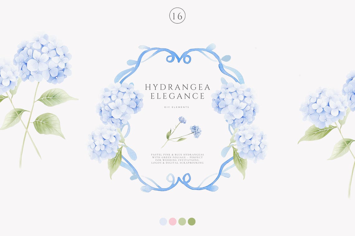 Watercolor Pink Preppy Chinoiserie Clipart Collection - Blue Hydrangea ...