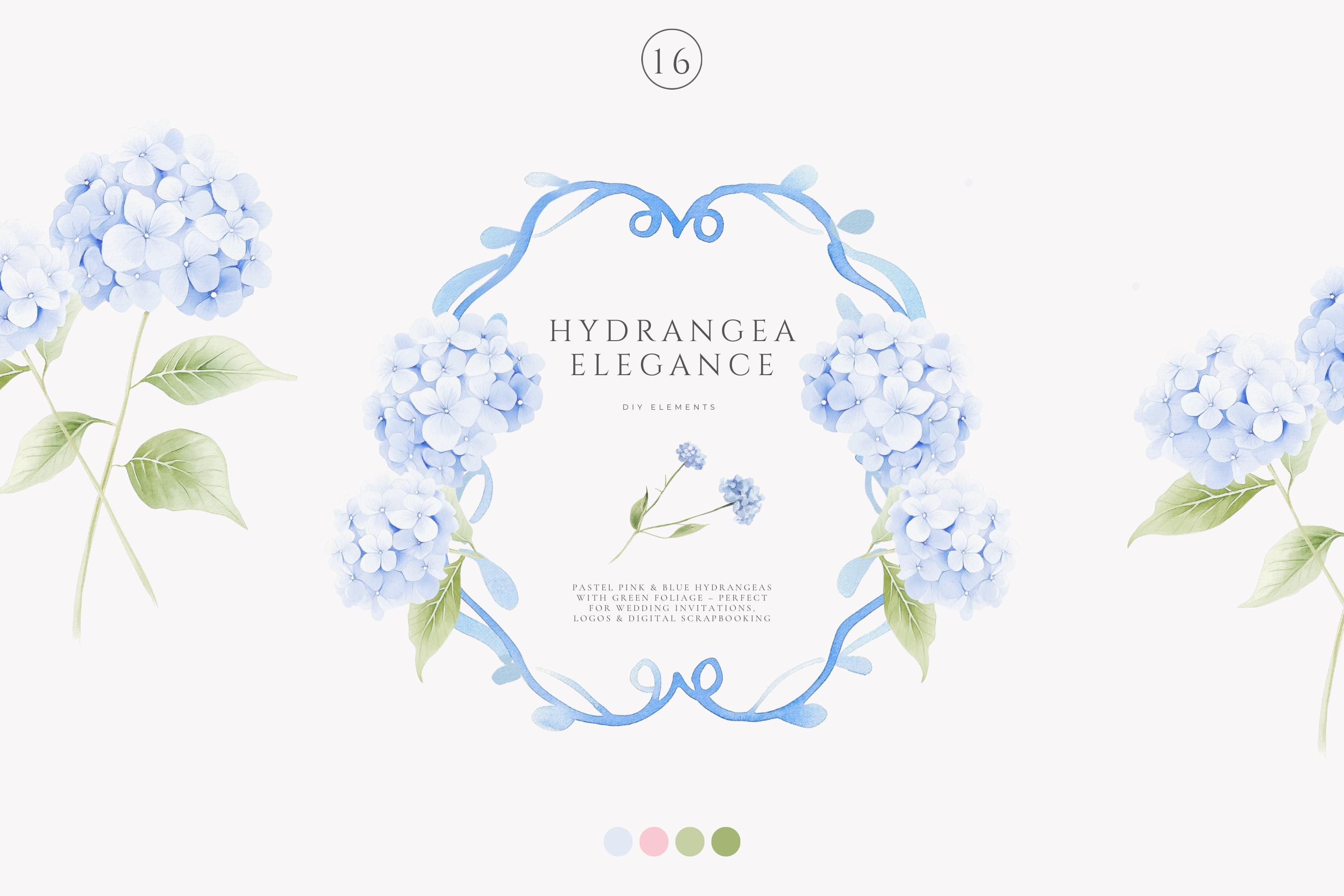 Watercolor Pink Preppy Chinoiserie Clipart Collection - Blue Hydrangea ...