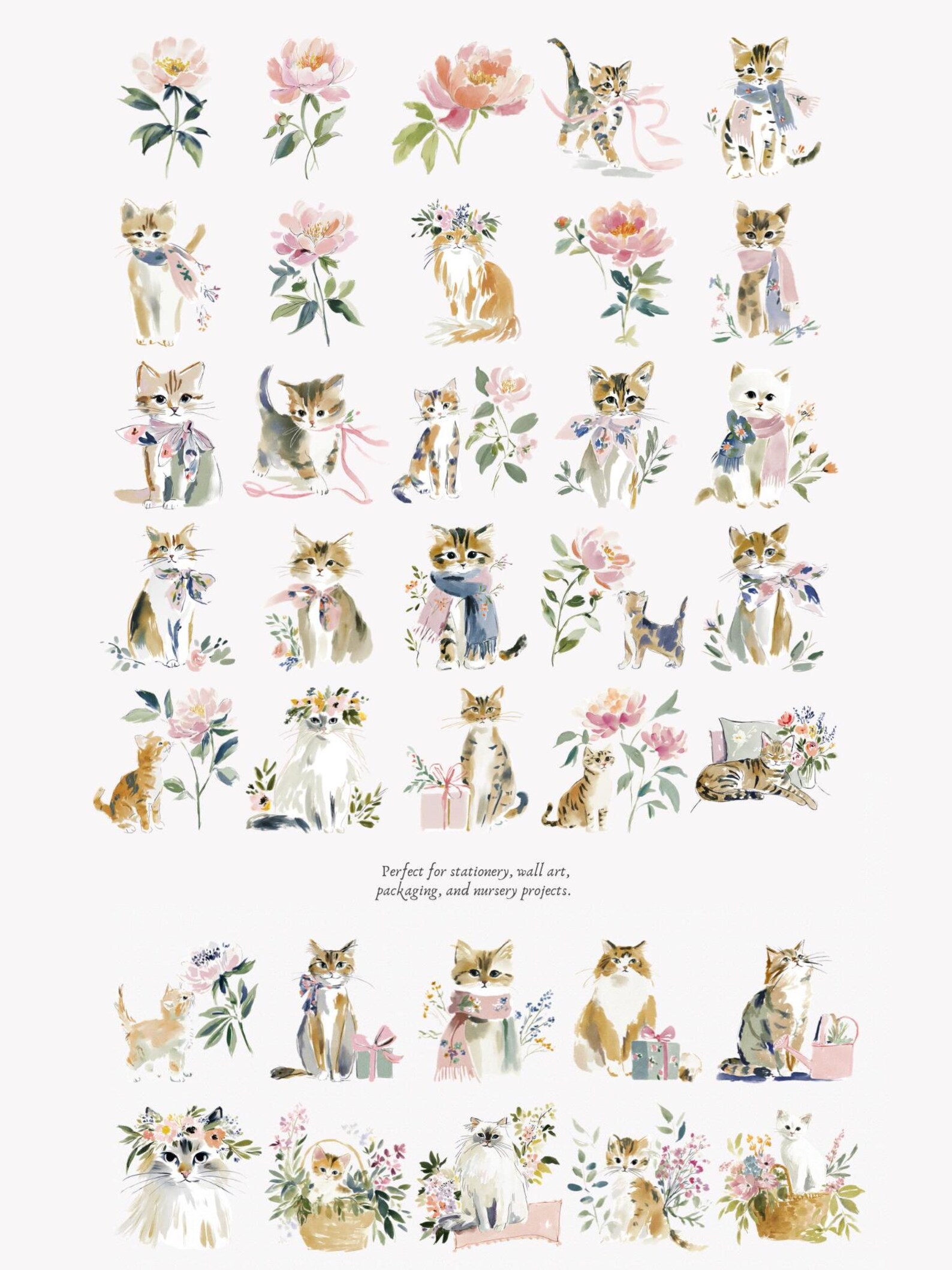 Watercolor Cats Clipart Set With Floral Kittens, Botanical Accents ...