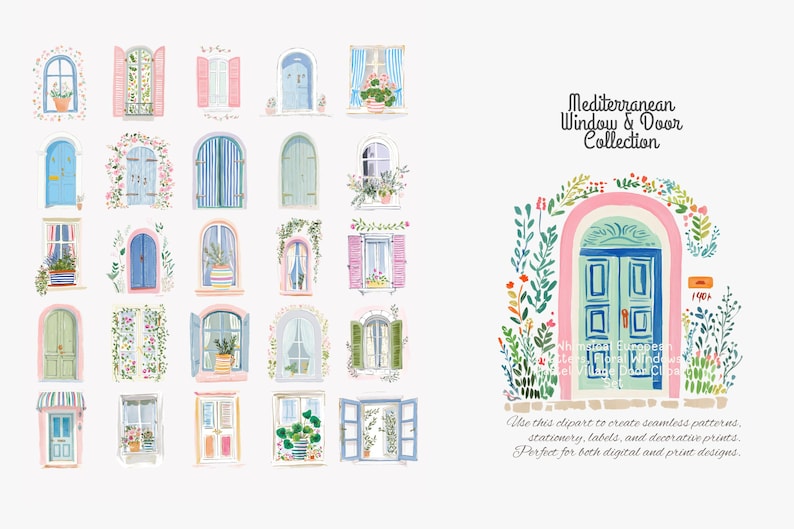 Mediterranean Window and Door Clipart Bundle, Pastel European Village ...