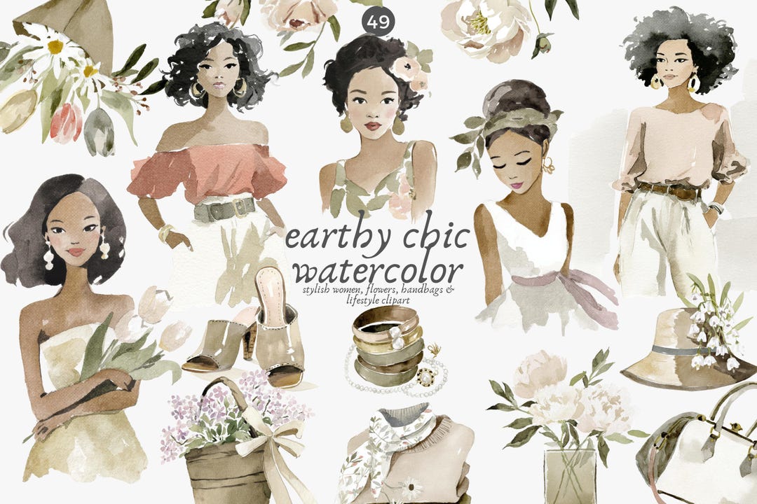 Earthy Chic Watercolor Clipart, Black Woman Fashion Illustration ...