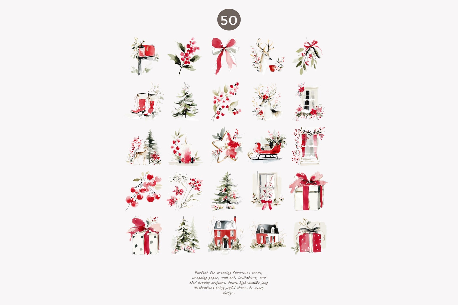 Festive Red Winter Watercolor Clipart , Snowman, and Holiday Elements ...