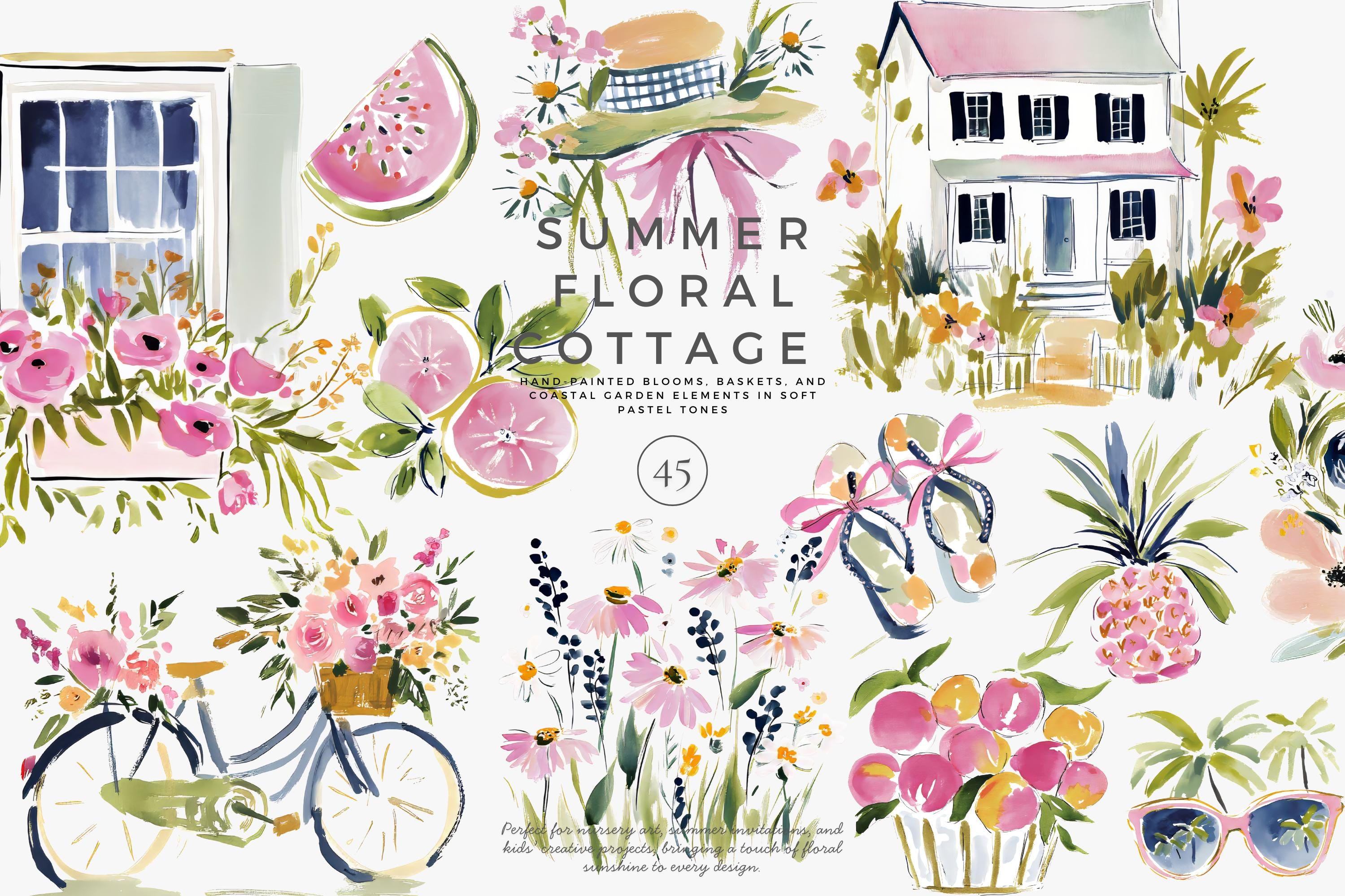 Summer Floral Cottage Watercolor Clipart, Coastal Garden Clipart, Pink ...