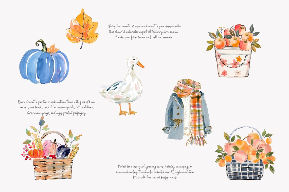 Watercolor Clipart – Fall Harvest – Farm Animals – Cozy Farmhouse ...