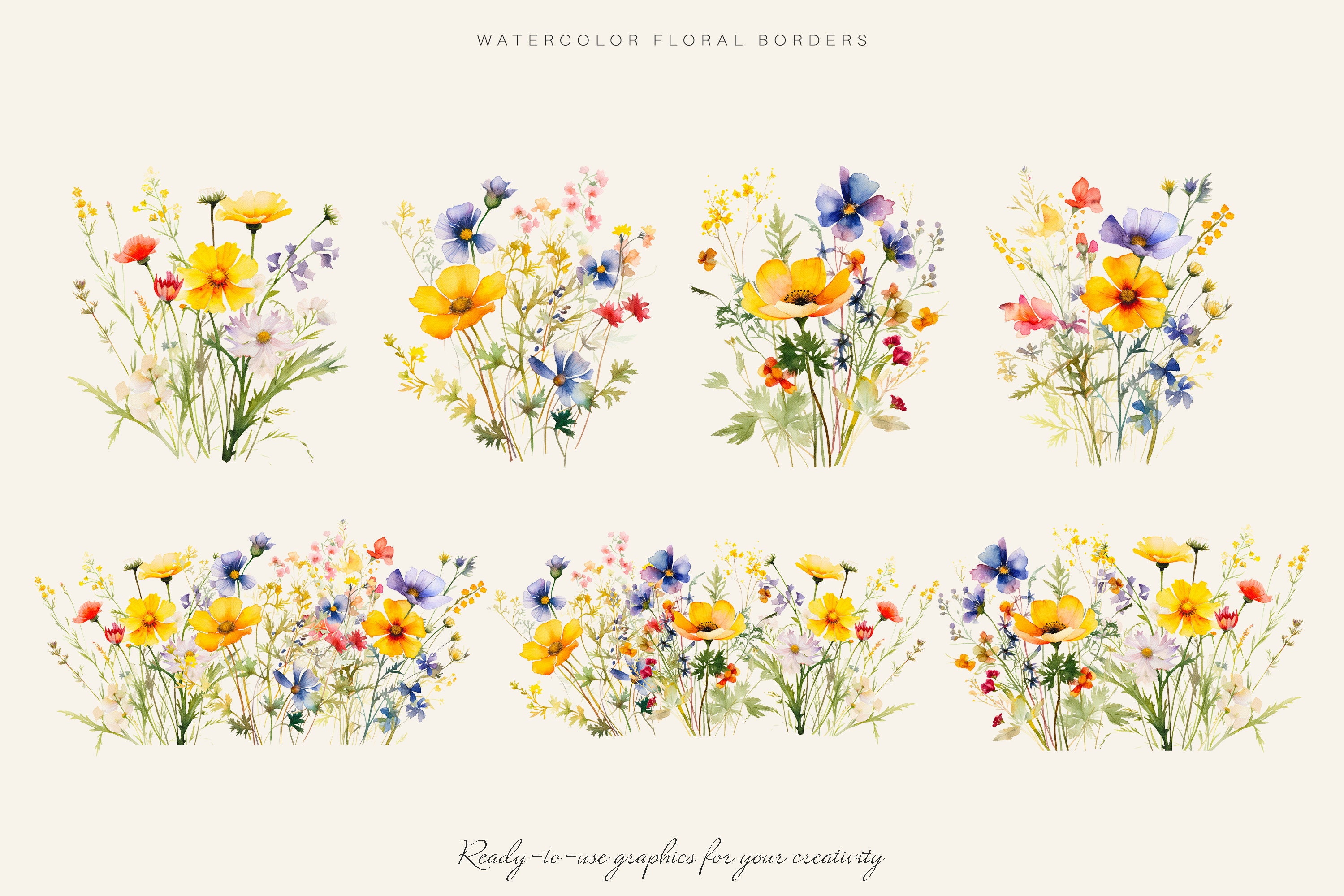 Watercolor Floral Borders Summer Flowers Clipart Meadow - Etsy
